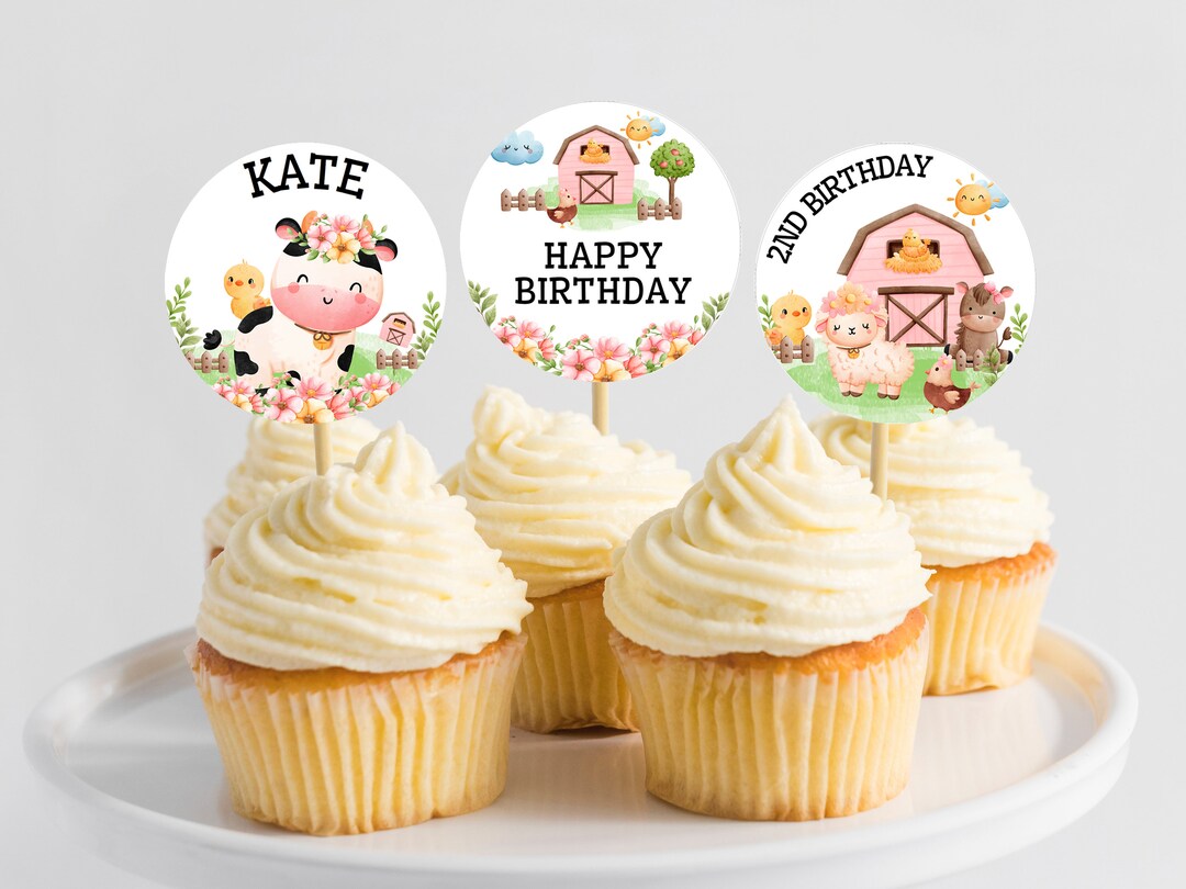 Pink Farm Birthday Cupcake Toppers Template, Printable Barnyard Bash ...