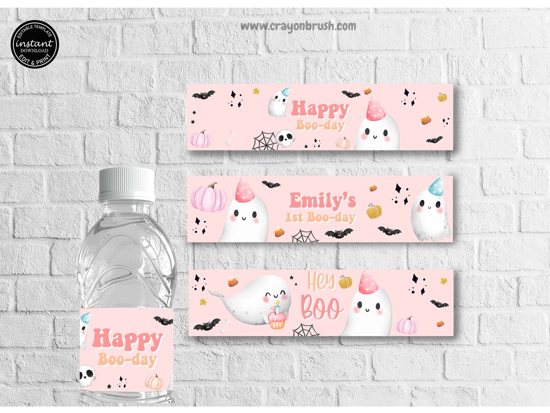 Editable Halloween Pink Ghost Water Bottle Labels Cute Spooky Pink ...