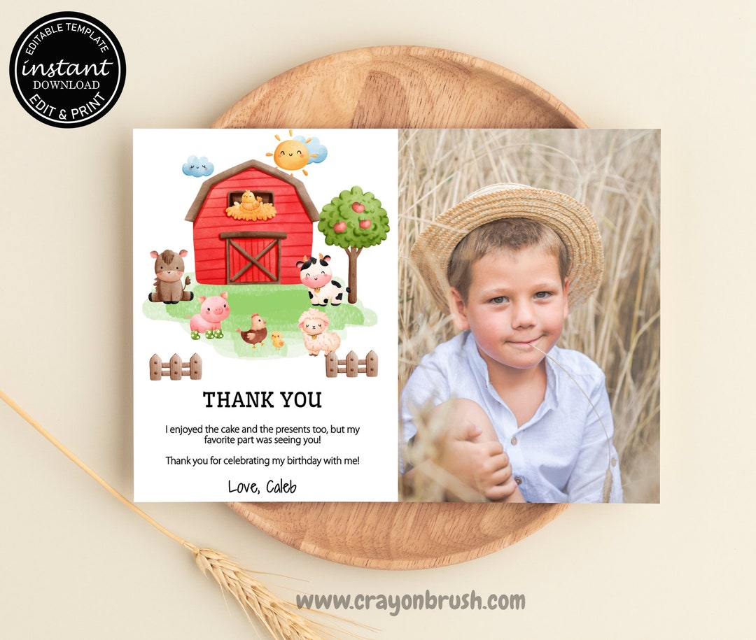 Editable Farm Animals Thank You Card Red Gingham Farm Birthday Boy ...