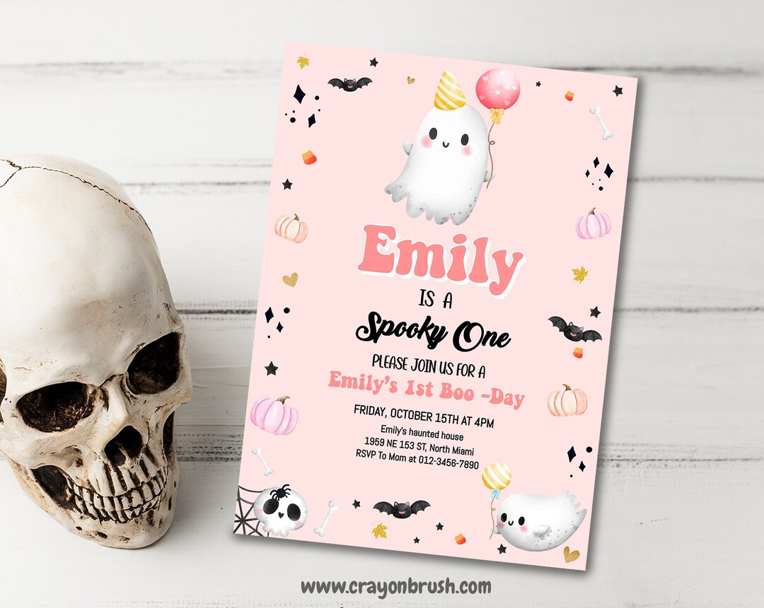 Editable Halloween Pink Ghost Birthday Invitation, Hey Boo Girly Cute ...