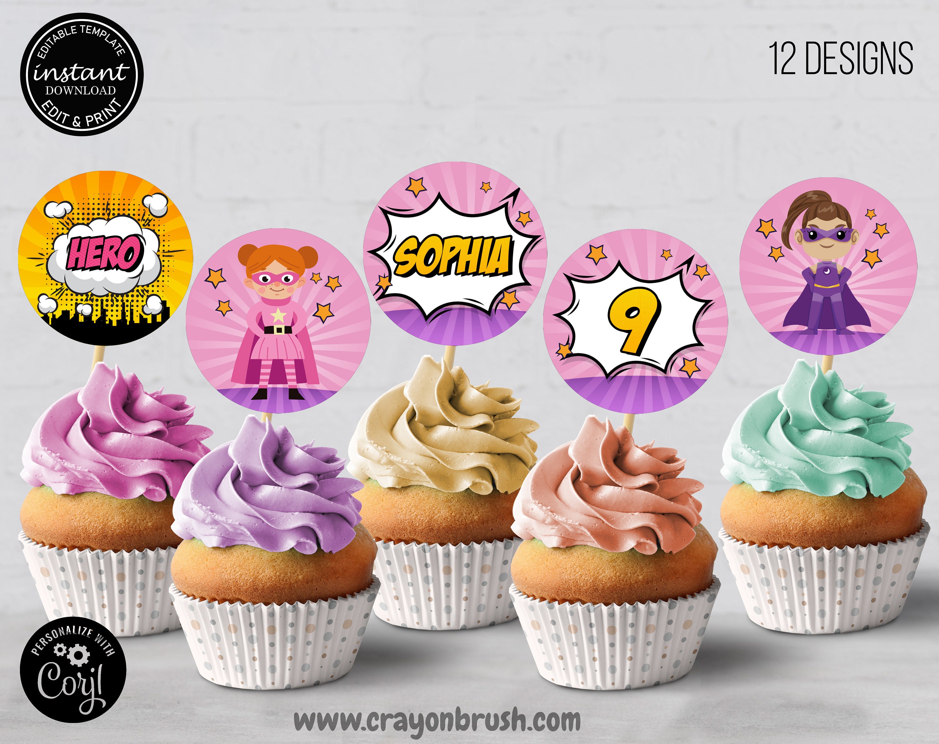 SUPERHERO GIRL Cupcake Toppers Template Printable Superhero Girl ...