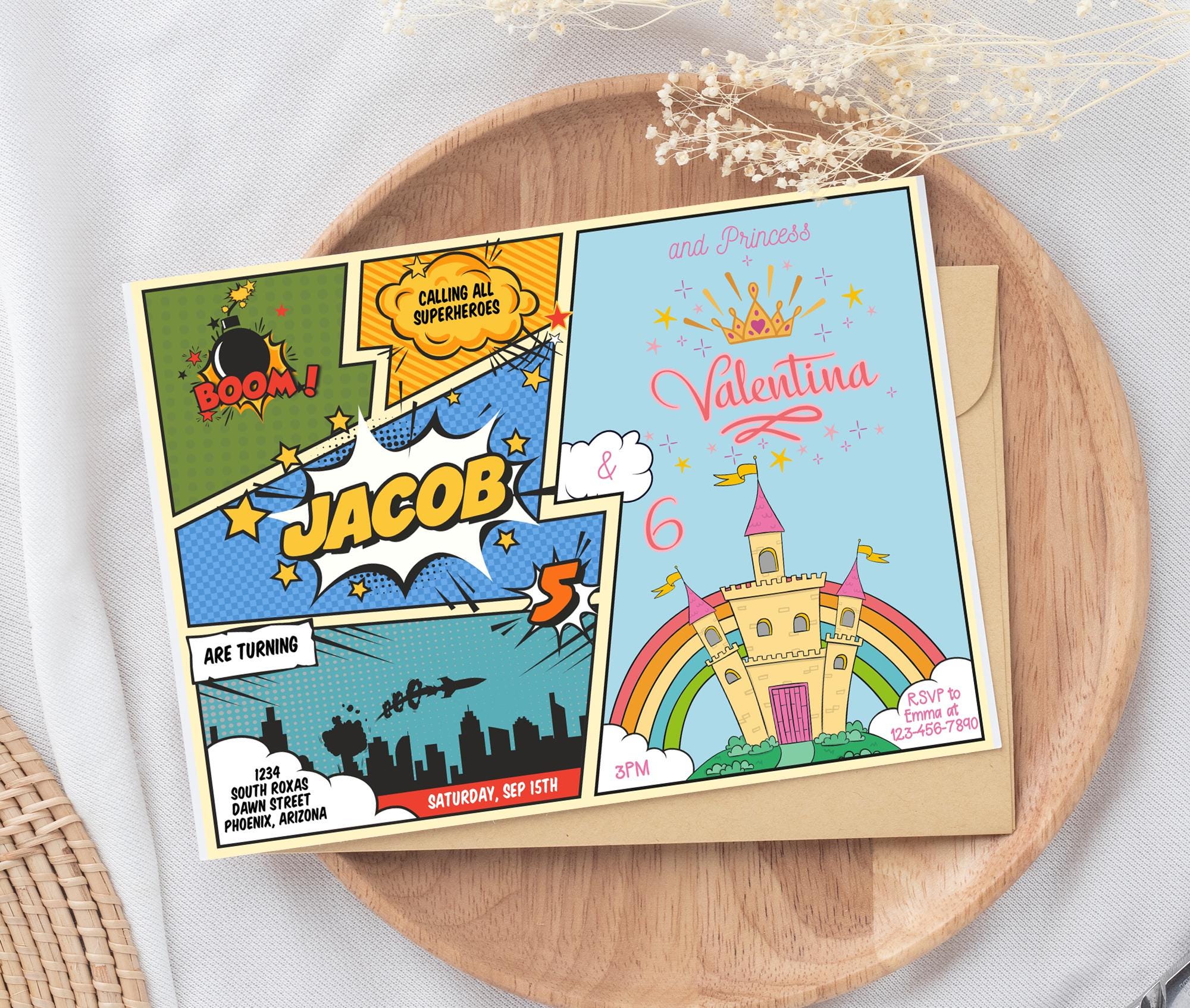 Superhero and Princess Birthday Invitation for Brothers, Princess ...