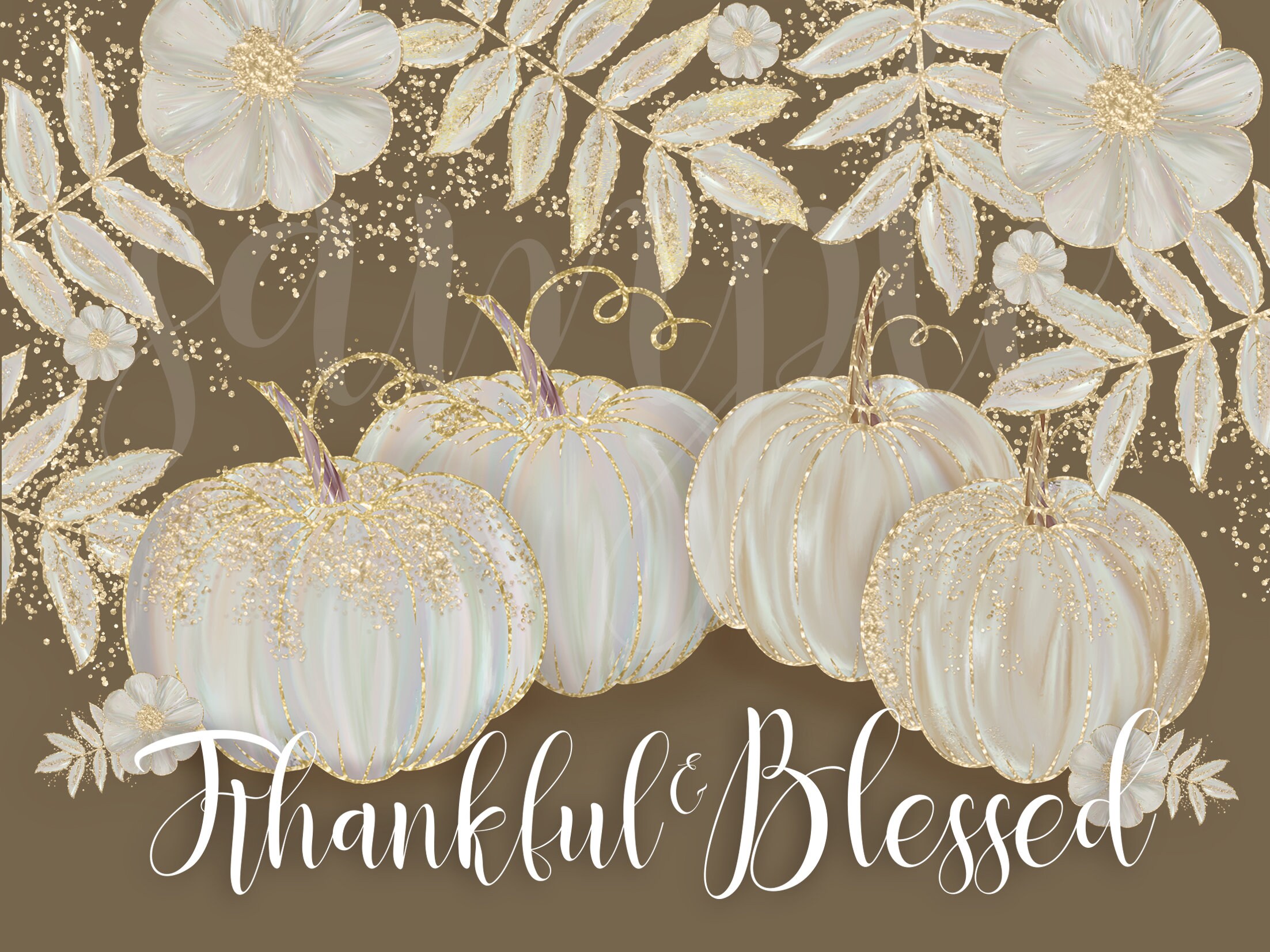 White Gold Glitter Pumpkins Clipart Set. Hand Illustrated Graphics ...