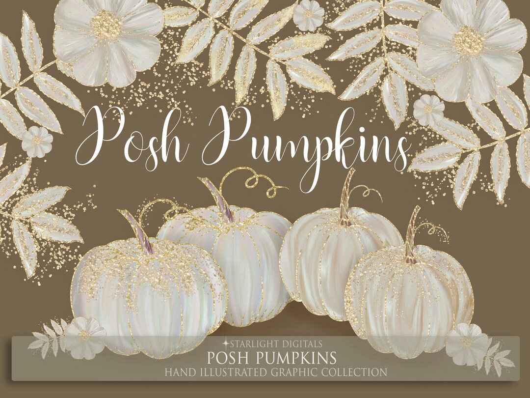 White Gold Glitter Pumpkins Clipart Set. Hand Illustrated Graphics ...