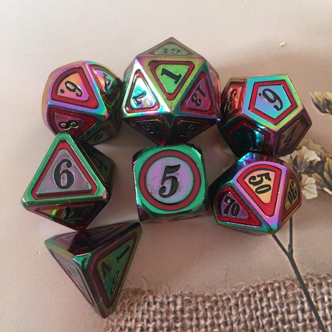 Rainbow Metal Polyhedral dice Set/DnD dice/Red black with | Etsy