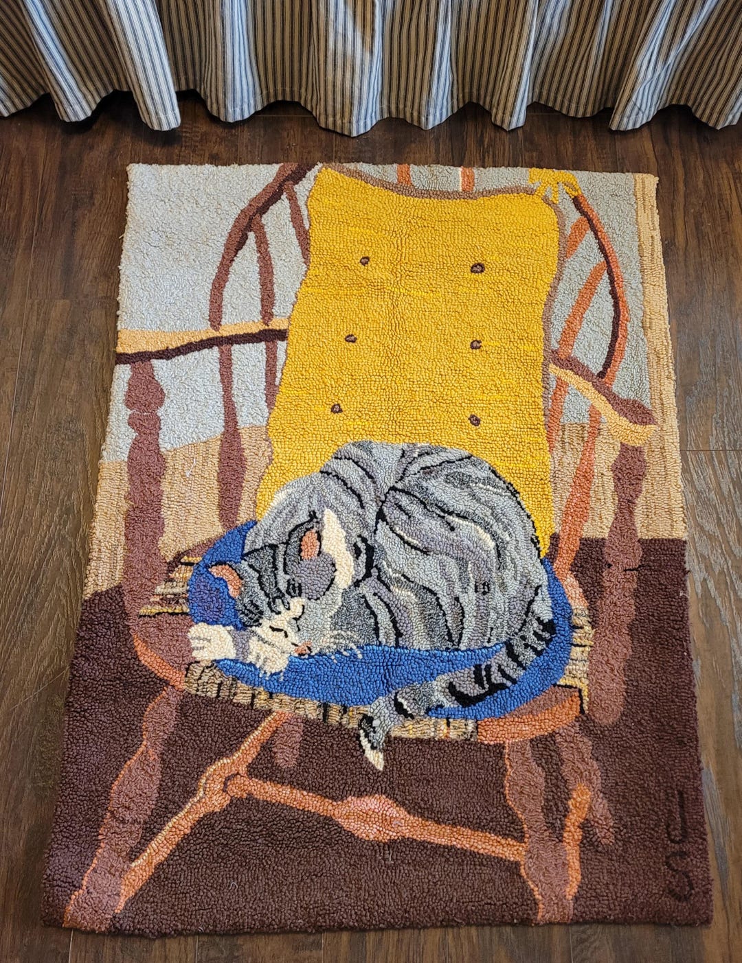 Beautiful Vintage Hooked Rug With Sleepy Gray Cat on Windsor Chair ...