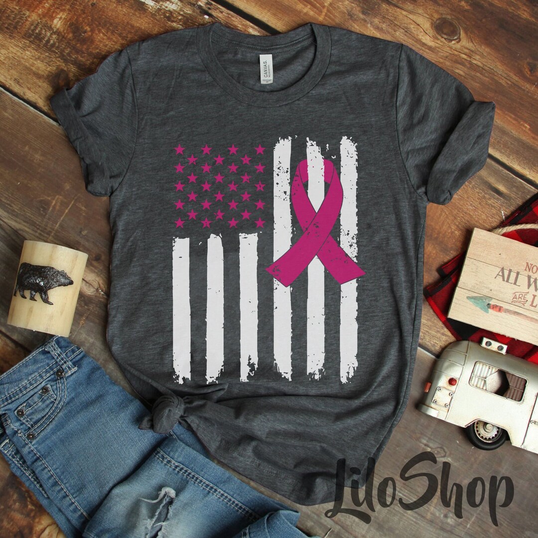 Pink Ribbon American Flag Shirt, Breast Cancer Awareness Shirt, Fight ...