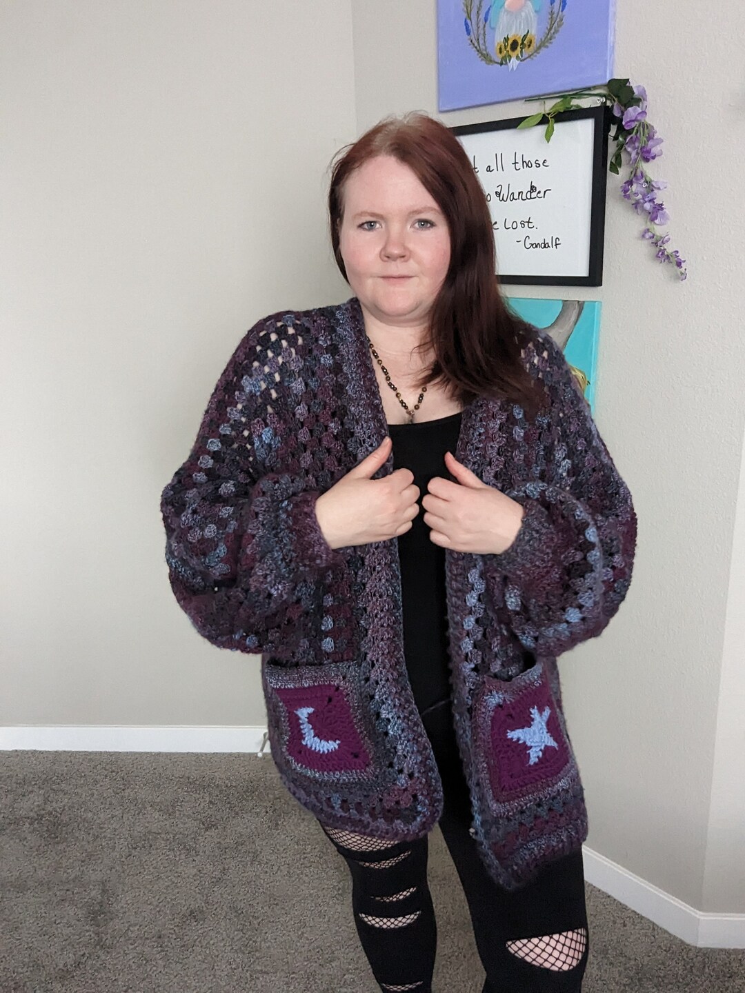 Celestial Witch Cardigan - Oversized, Crochet, Granny Hexagon Cardigan, Witchy, Purple, Moon ...
