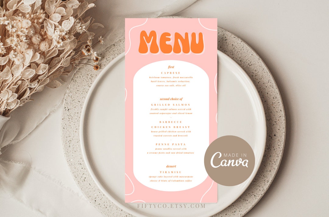 Cute Retro Pink & Orange Menu Template, Customizable Digital Download ...