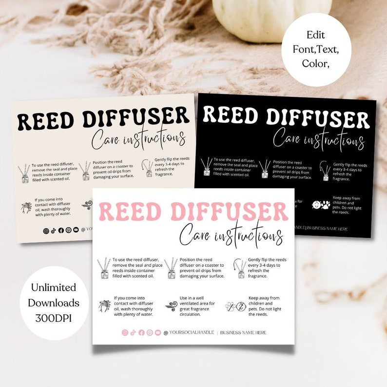 Printable Reed Diffuser Care Card, Editable Diffuser Instructions Label ...