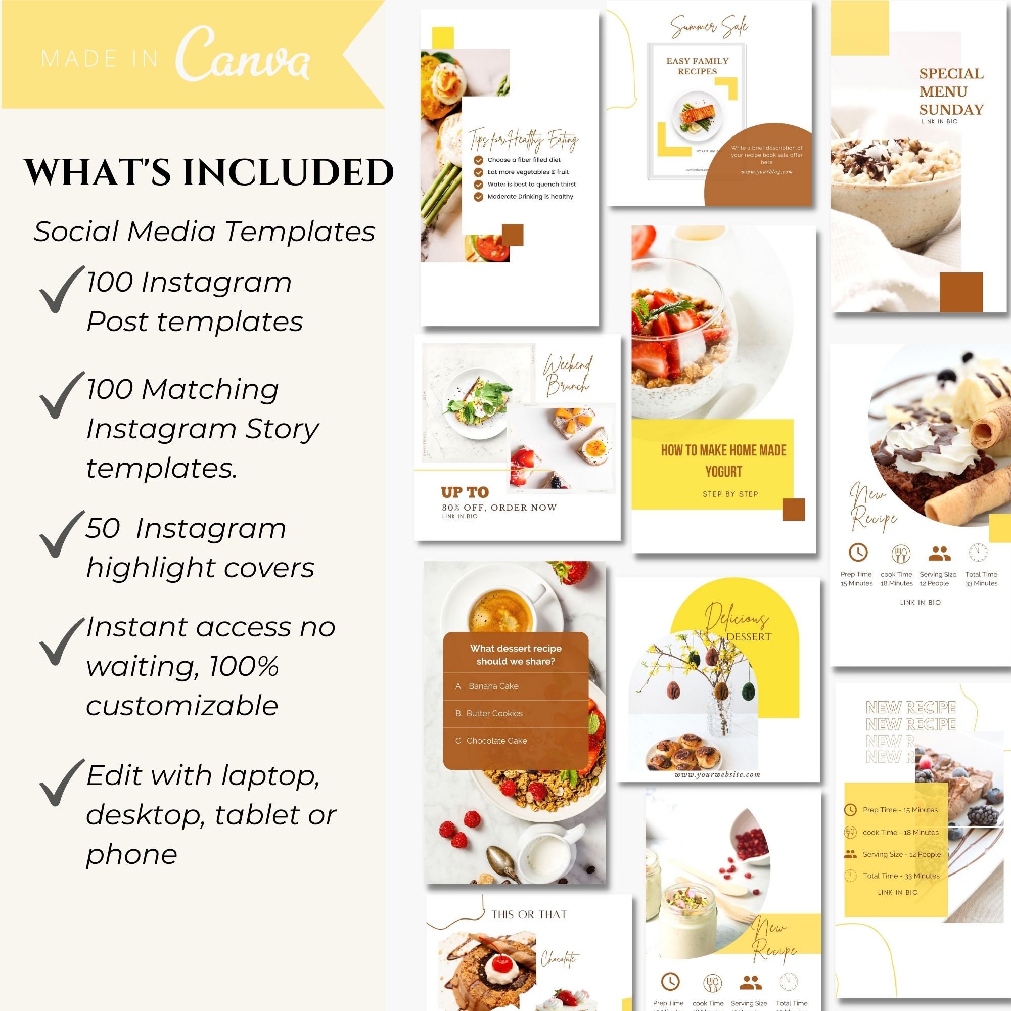 Food Creator Bundle, Cook Book Template, 250 Food Instagram Templates ...