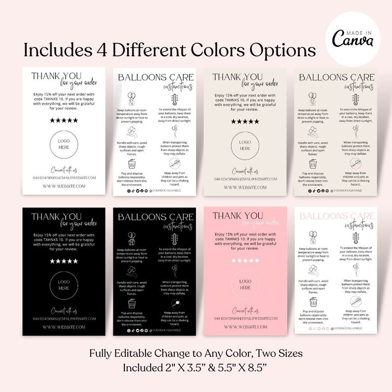 Editable Balloons Care Instructions Template, Mini Printable Balloon ...