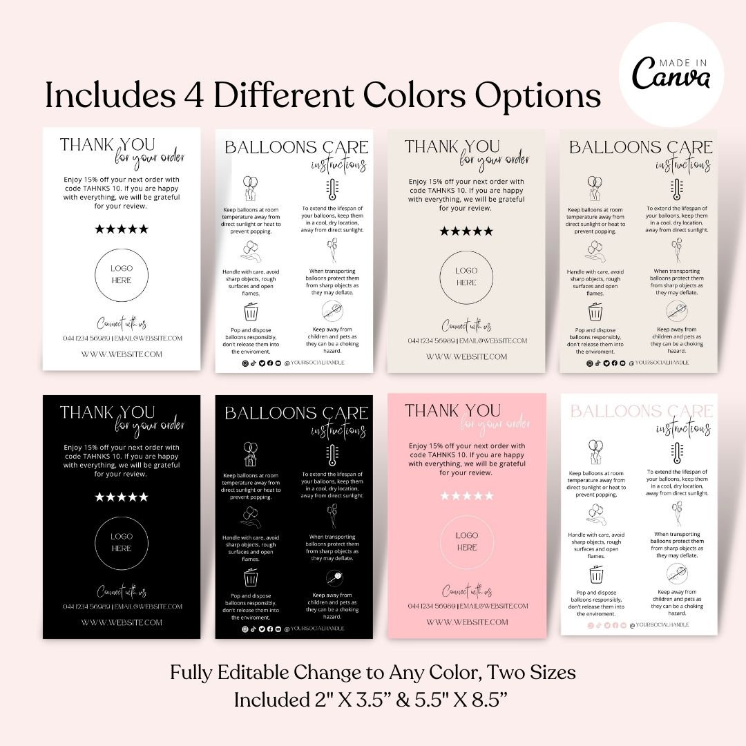 Editable Balloons Care Instructions Template, Mini Printable Balloon ...