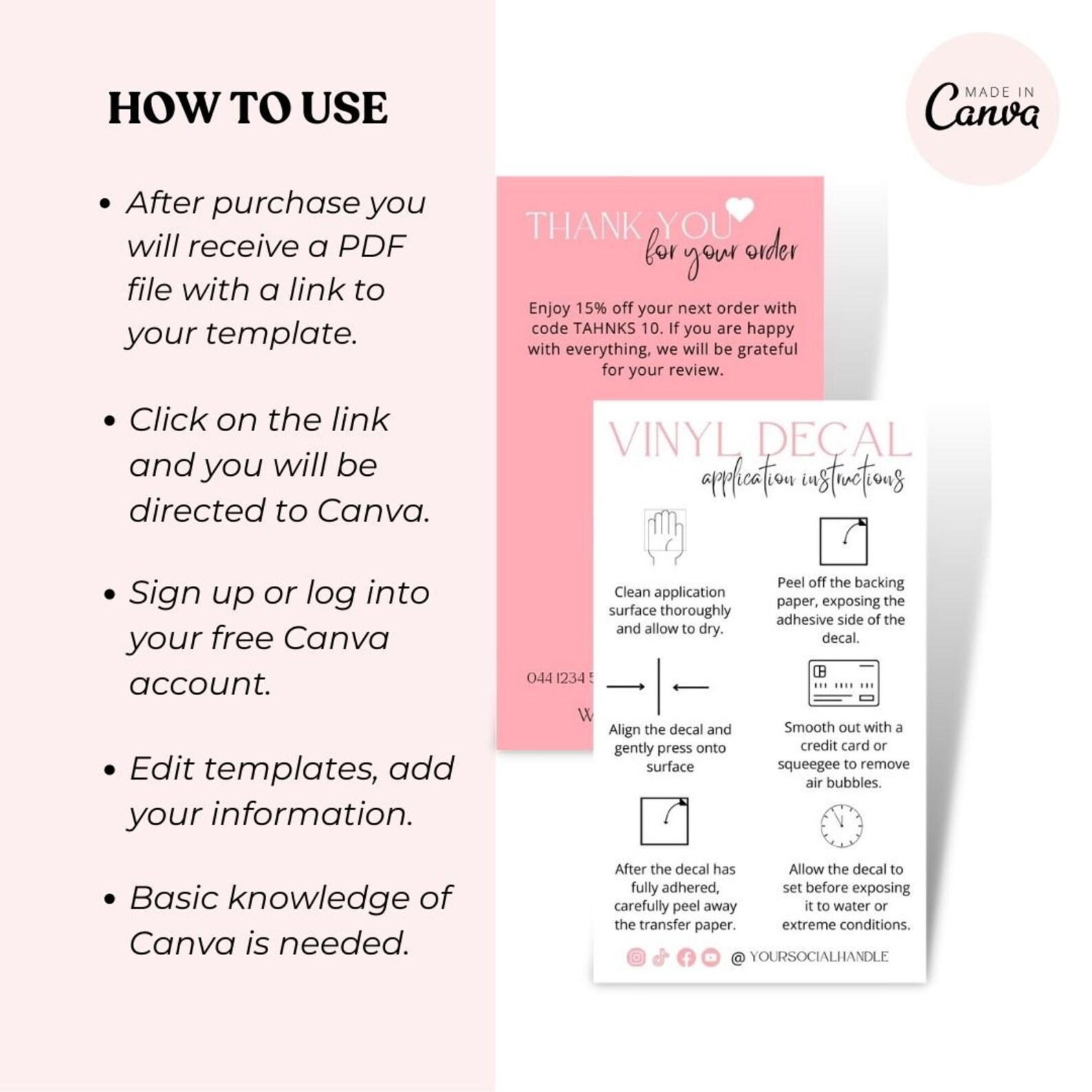 Editable Vinyl Decal Care Card Instructions, DIY Decal Instructions Guide, Vinyl Stickers ...