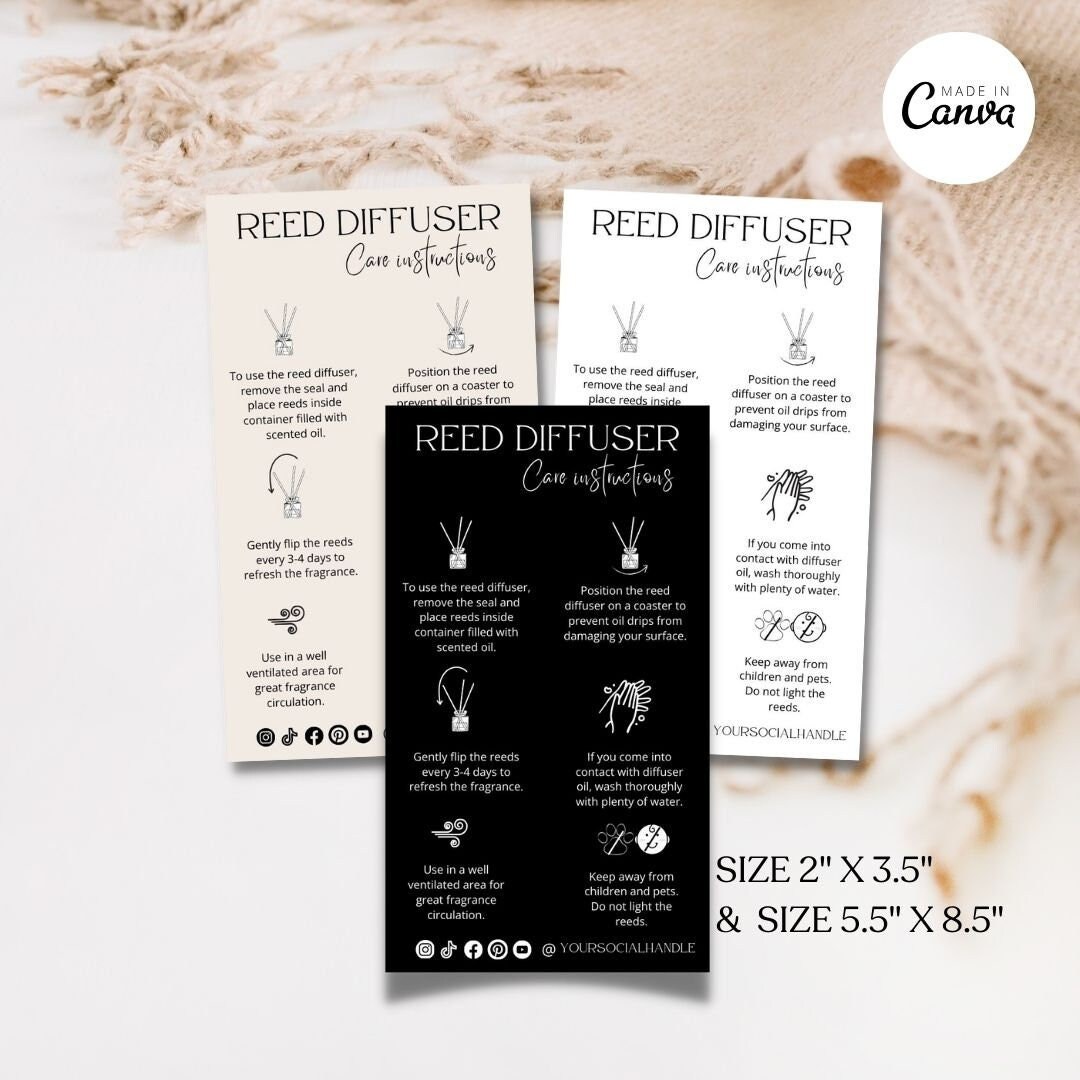 Mini Editable Reed Diffuser Care Card, Diffuser Instructions Label, Oil ...