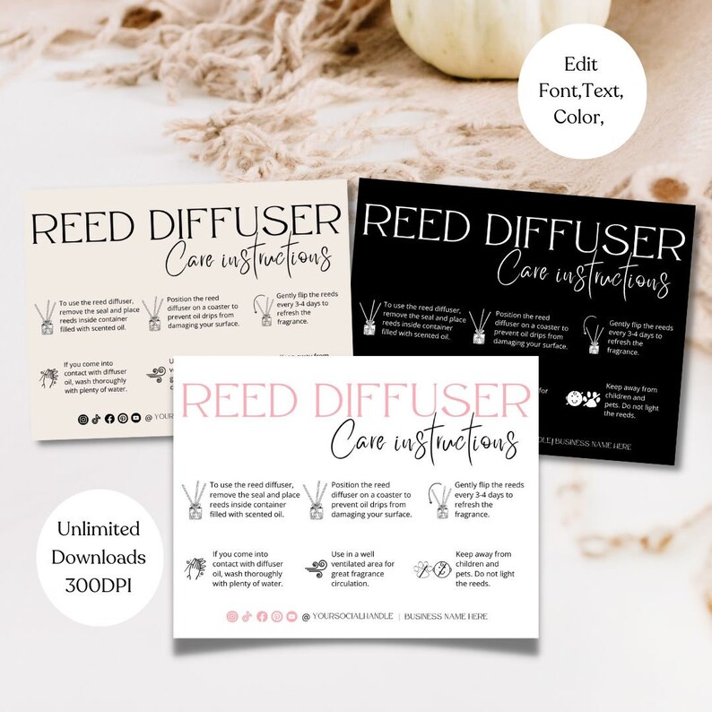 Printable Reed Diffuser Care Card, Diffuser Instructions Label, Oil ...