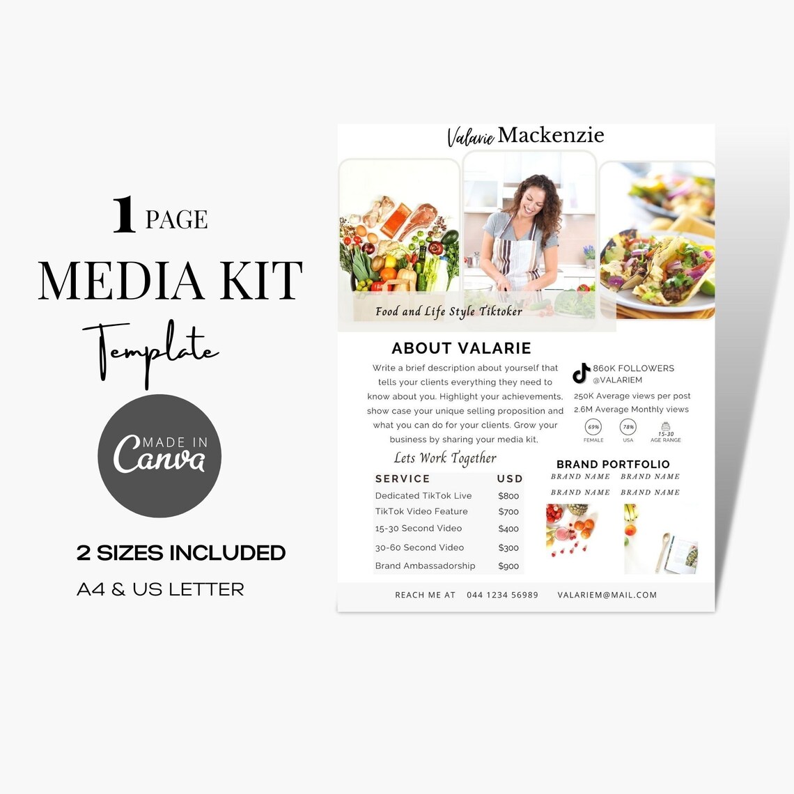 1 Page Food Blogger Media Kit Template, Canva Influencer Media Kit ...