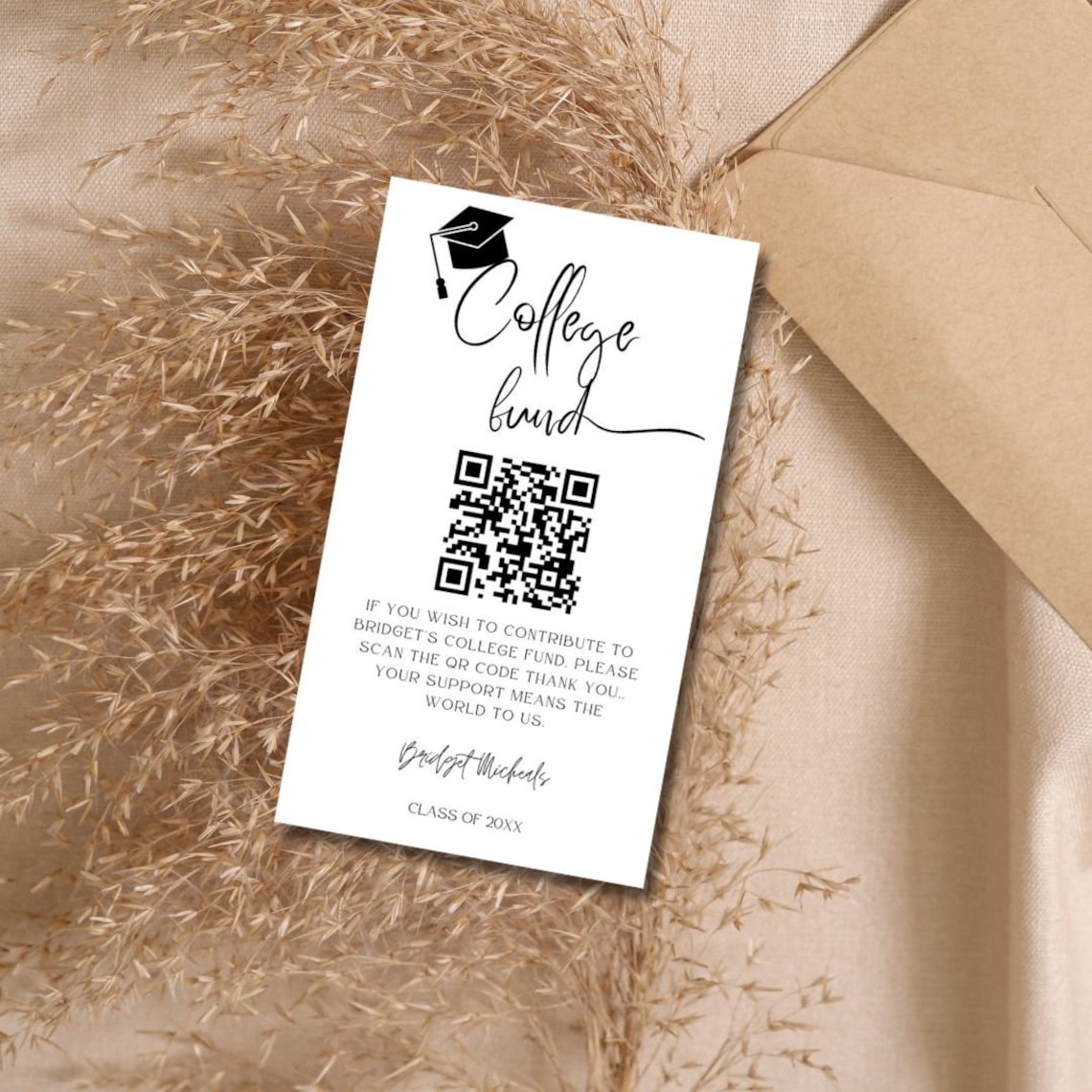 Minimalist Graduation QR Code Card Printable, Editable College Fund ...
