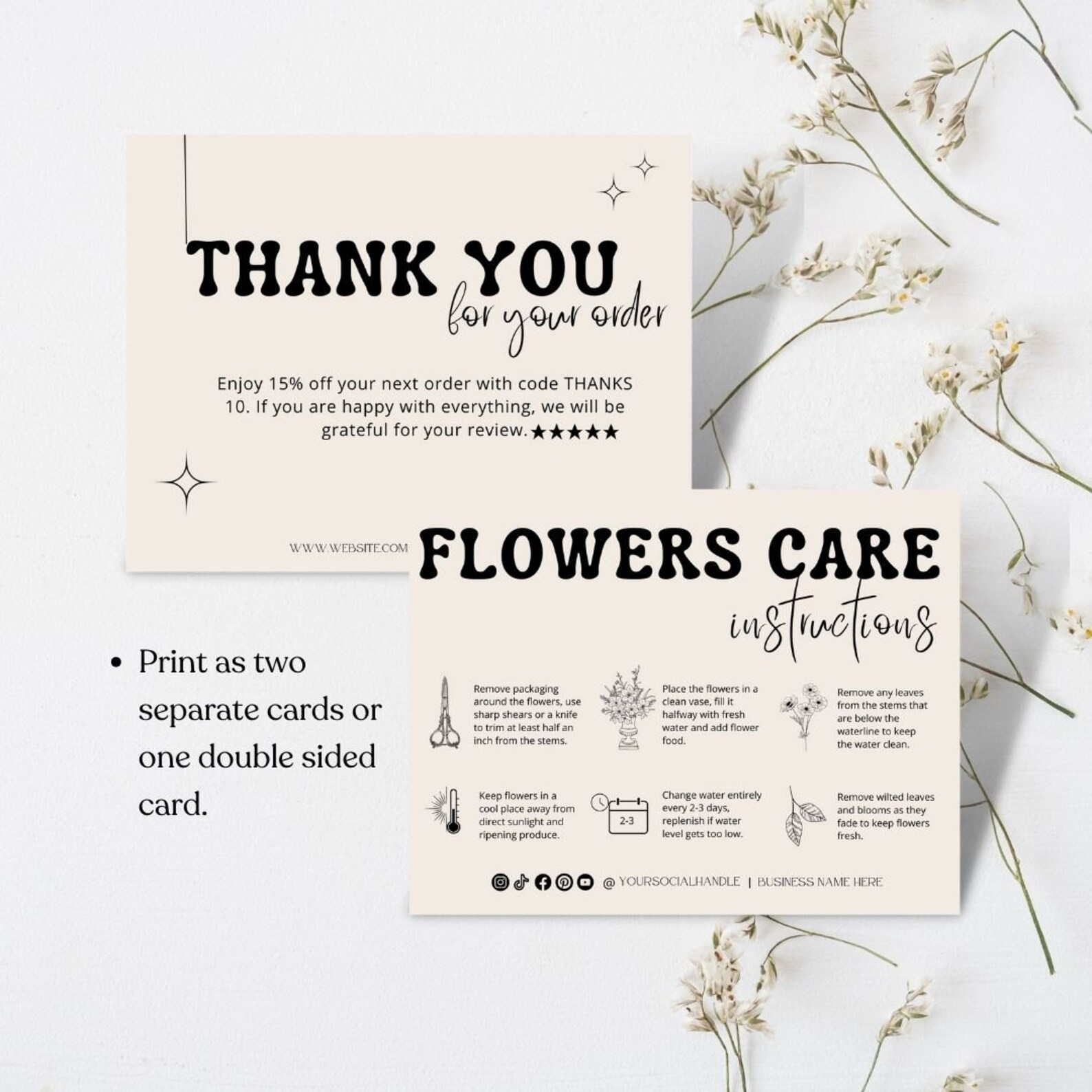 Editable Flower Care Card Instructions, Fresh Cut Flowers Florist Care ...