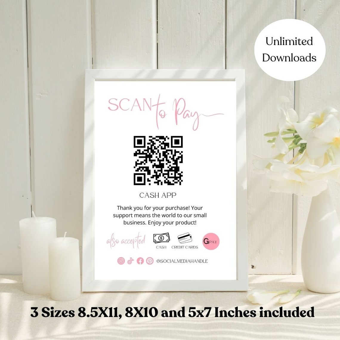 Editable Scan to Pay Sign, Pink Printable Accepted Payments Sign, QR ...