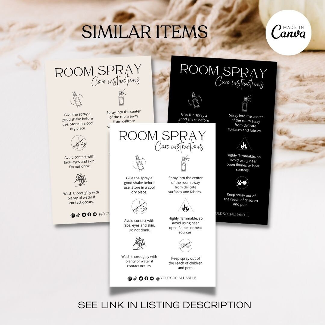 Room Spray Care Card Template, Editable Room Spray Safety Instructions ...