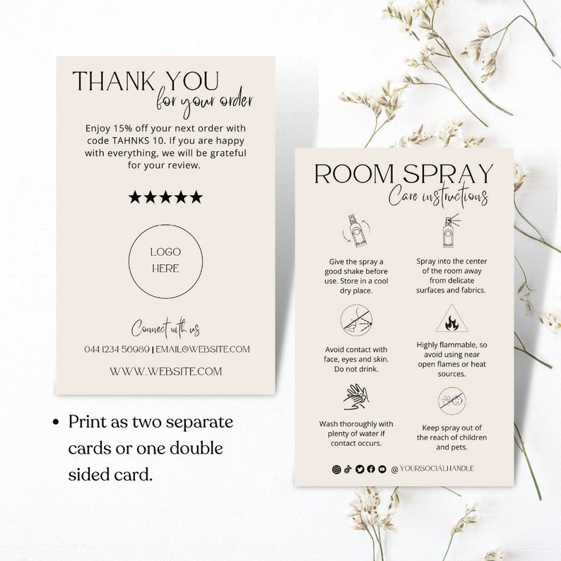 Room Spray Care Card Template, Editable Room Spray Care Instructions ...