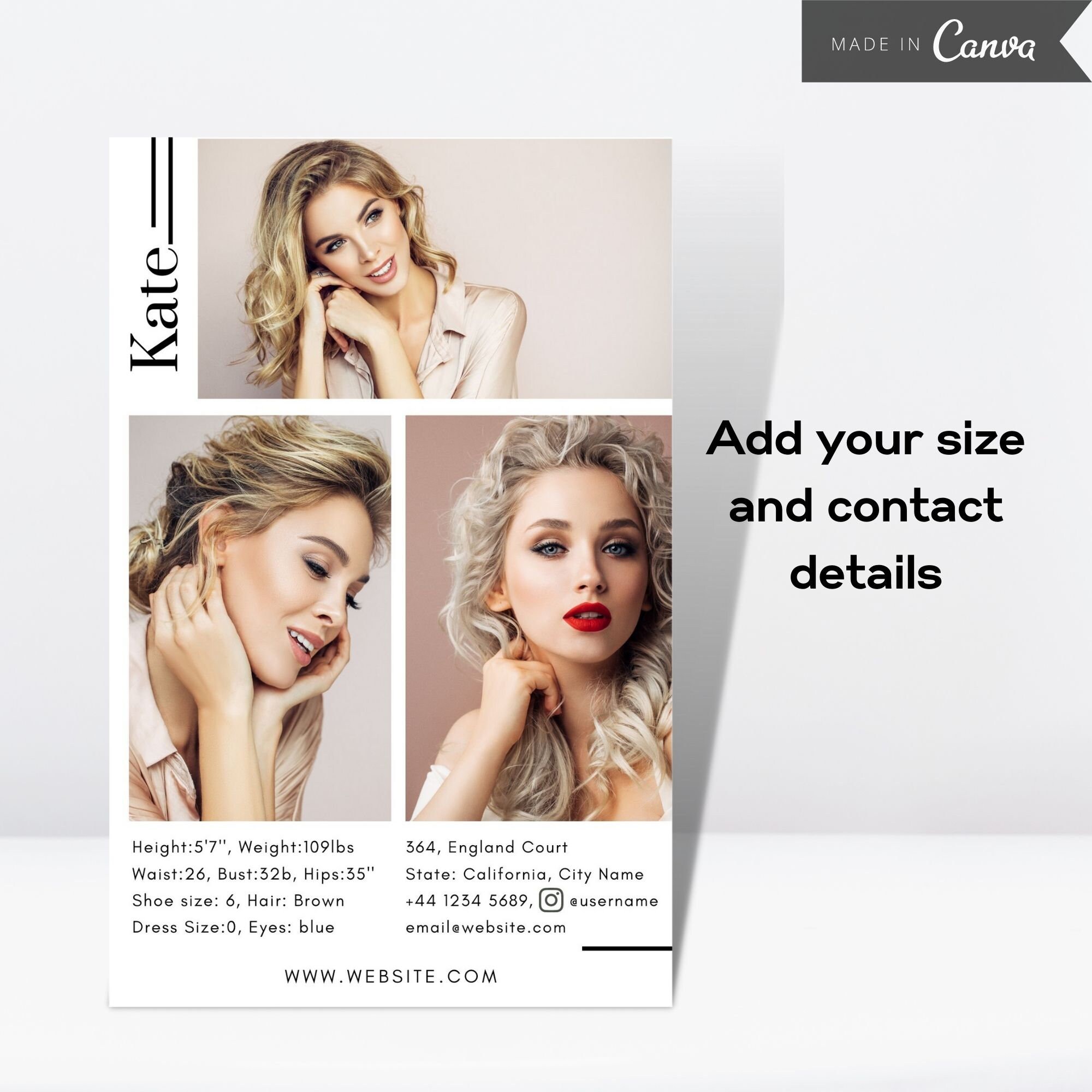 Modeling Photo Card Canva Template, Editable Fashion Model Zed Card ...