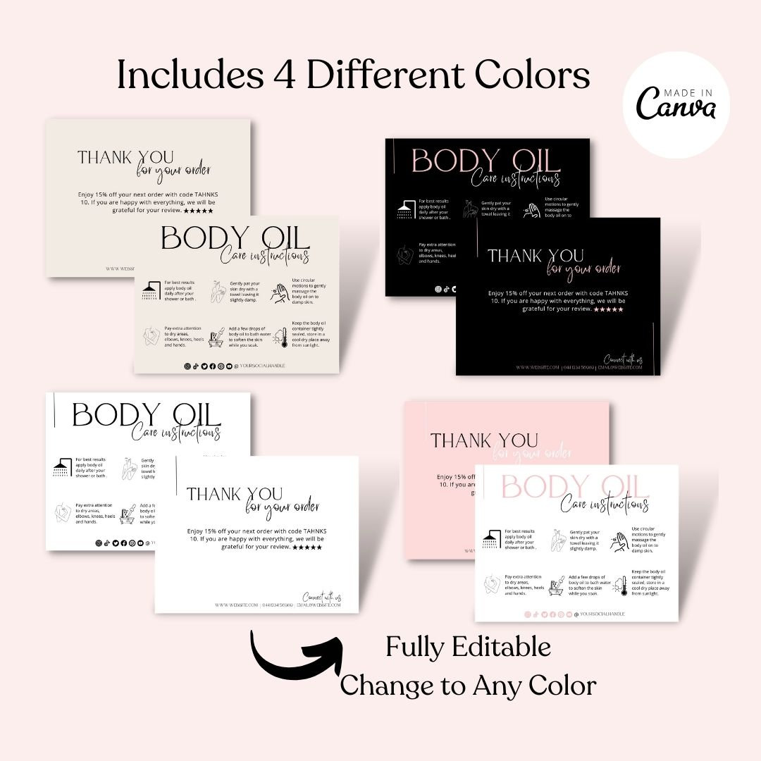 Printable Body Oil Care Card Template, Dry Oil Instructions Card ...