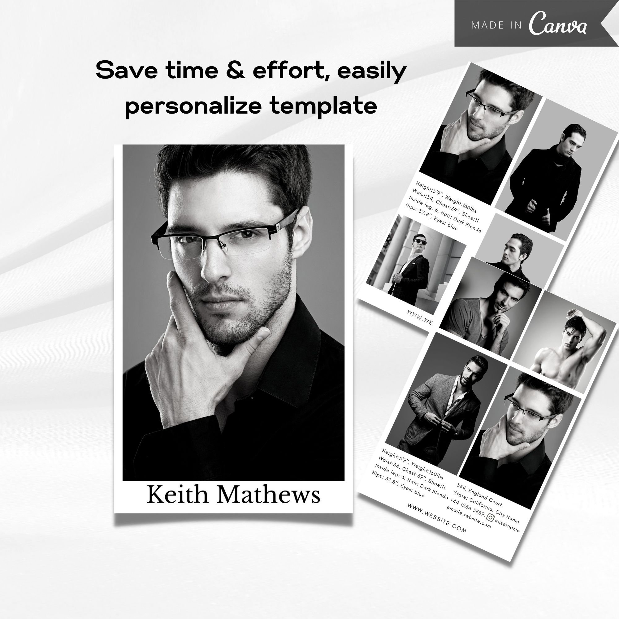Model Comp Card, Modeling Photo Card Canva Template, Editable Fashion ...
