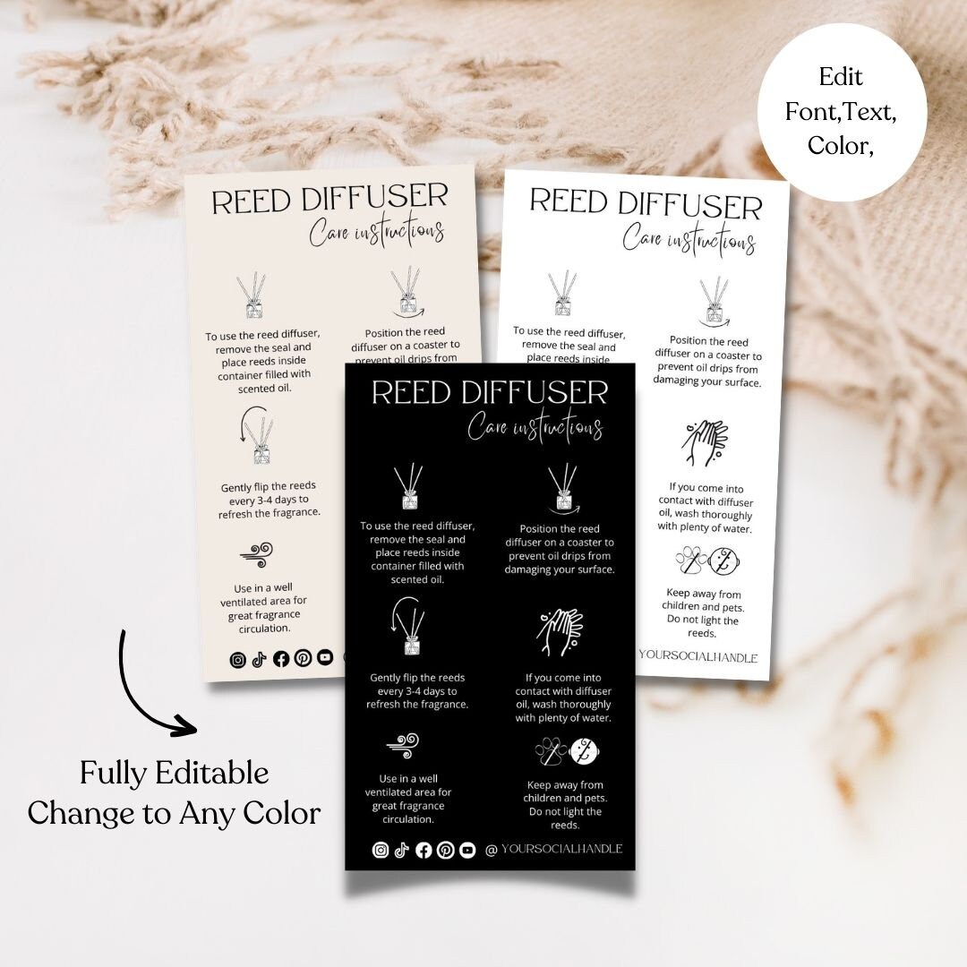 Printable Reed Diffuser Care Card, Diffuser Instructions Label, Oil ...