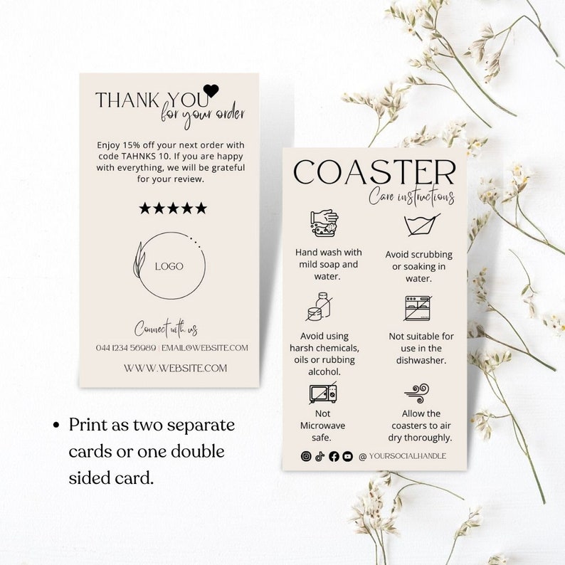 Editable Coaster Care Card Template, DIY Cup Holder Care Instructions ...