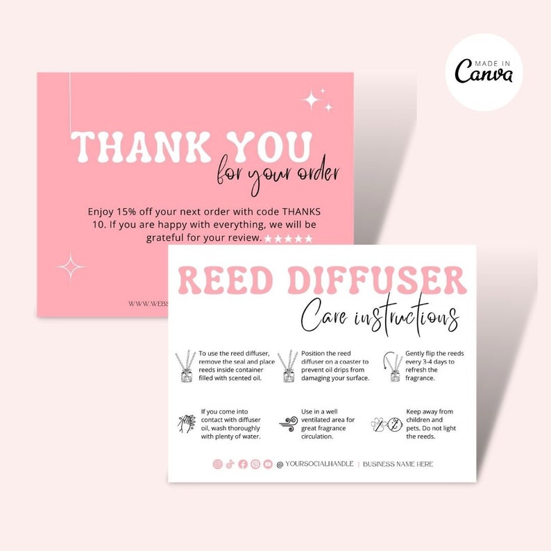 Printable Reed Diffuser Care Card, Editable Diffuser Instructions Label ...