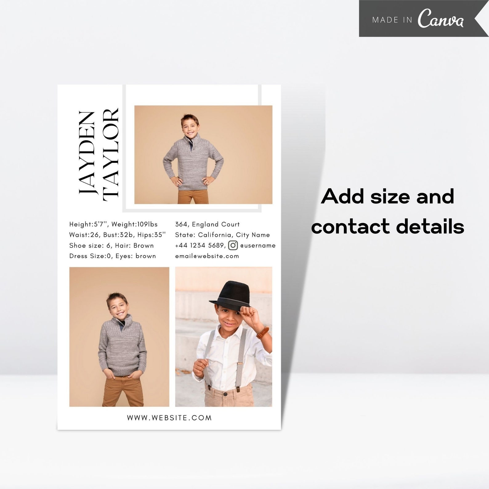 Kids Model Comp Card, Editable Model Portfolio, Fashion Resume Photo ...