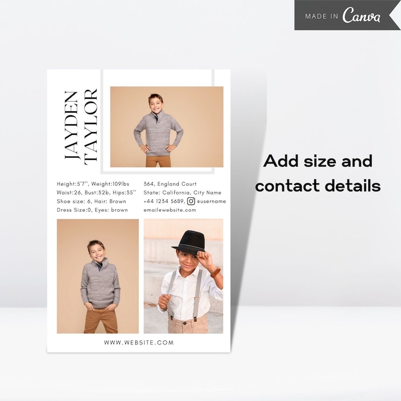 Kids Model Comp Card, Editable Model Portfolio, Fashion Resume Photo ...