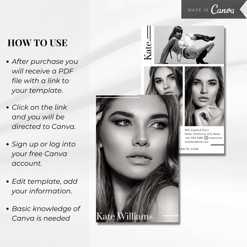 Model Comp Card, Modeling Photo Card Canva Template, Editable Fashion ...