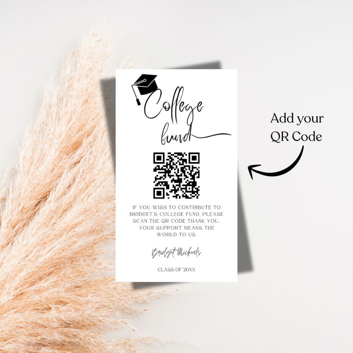 Minimalist Graduation QR Code Card Printable, Editable College Fund ...