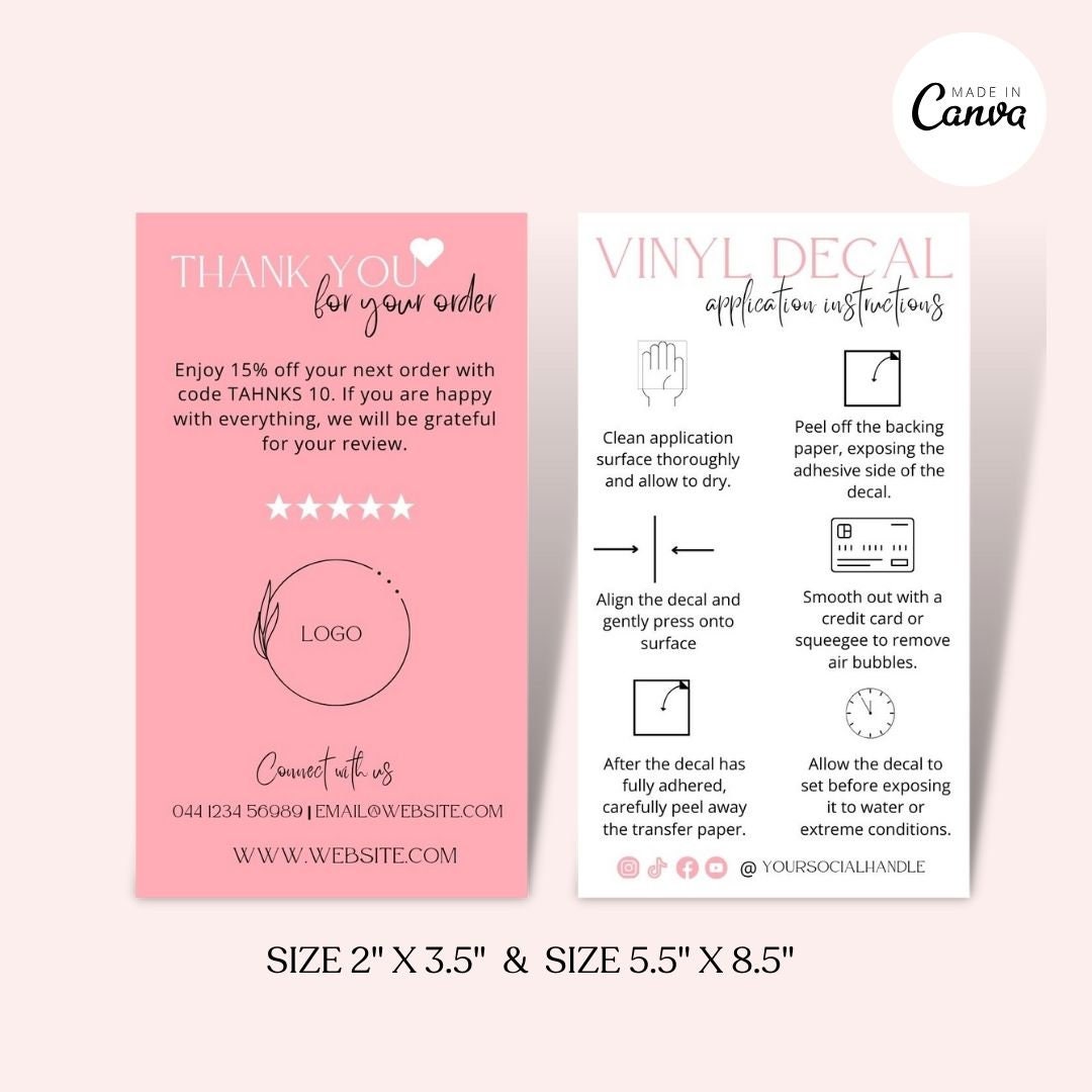 Editable Vinyl Decal Care Card Instructions, DIY Decal Instructions Guide, Vinyl Stickers ...