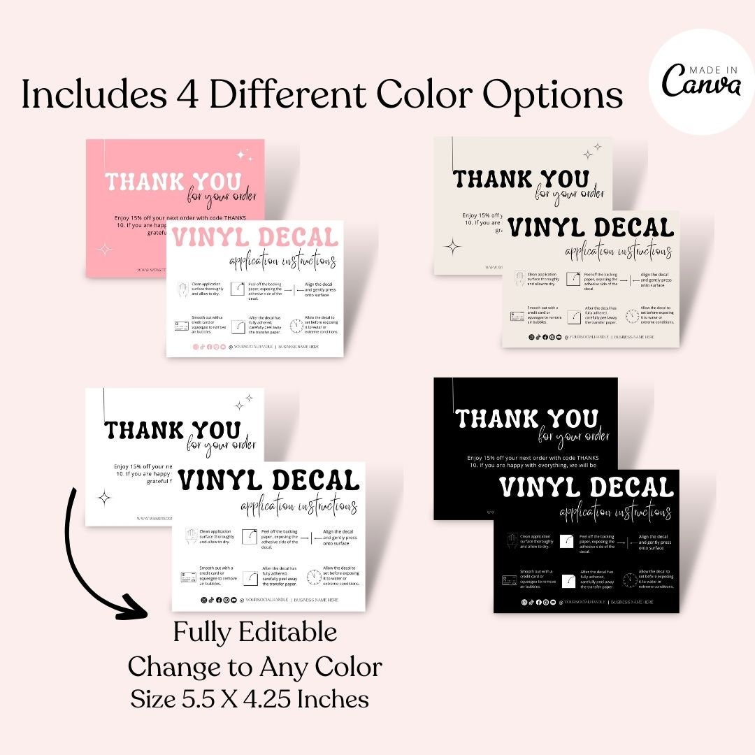 Editable Vinyl Decal Care Card Instructions, DIY Decal Instructions ...