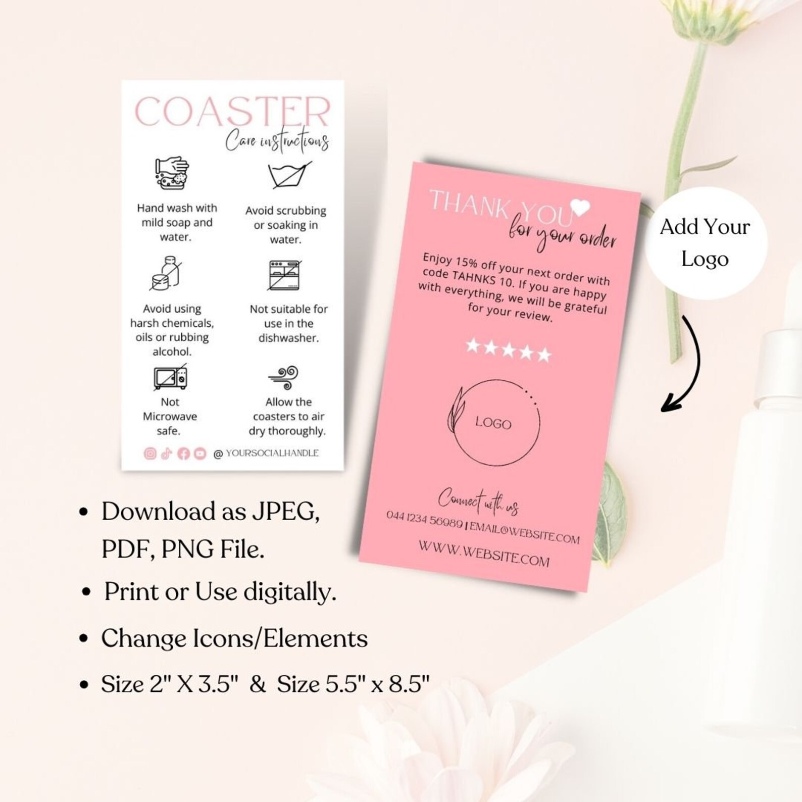 Editable Coaster Care Card Template, DIY Cup Holder Care Instructions ...