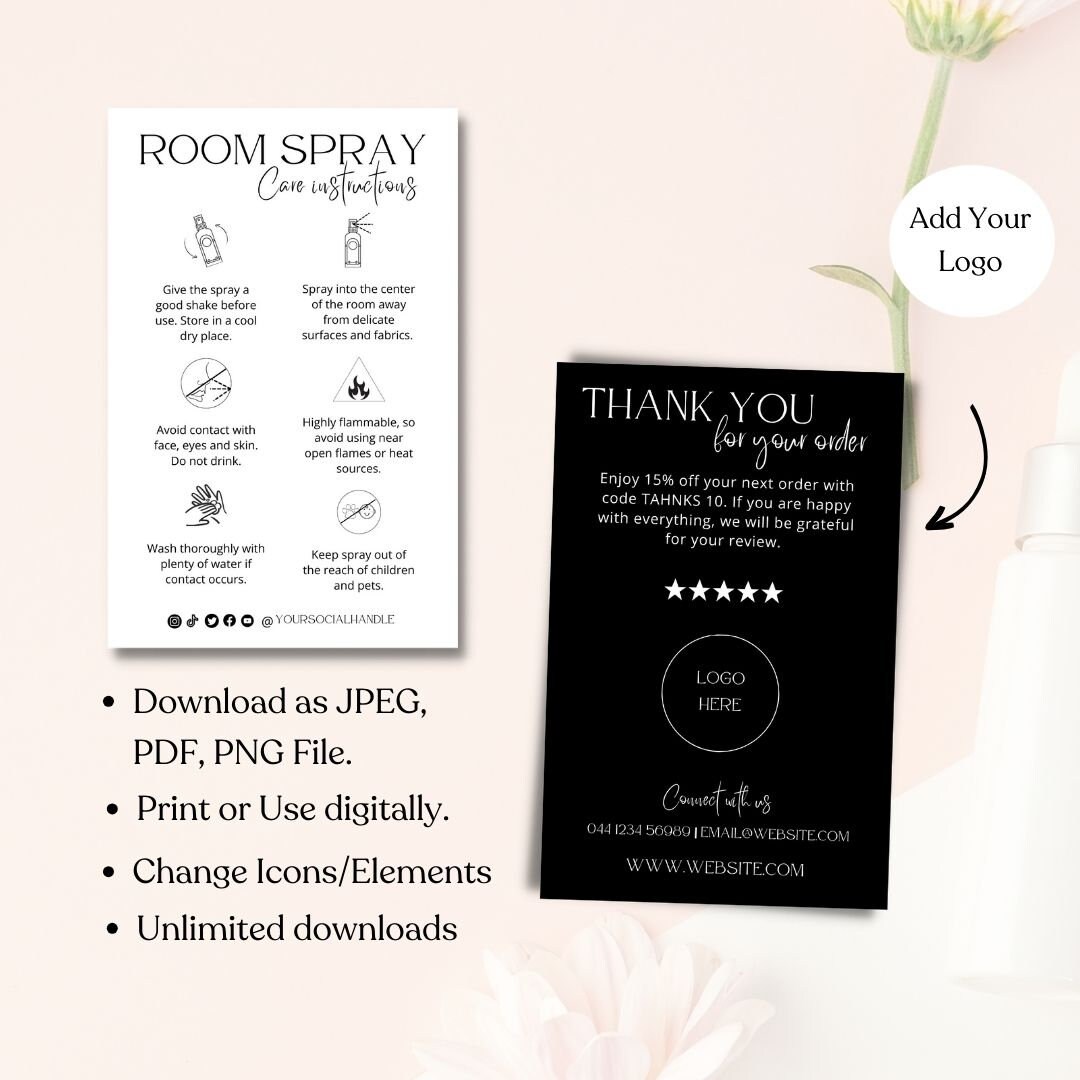 Room Spray Care Card Template, Editable Room Spray Care Instructions ...