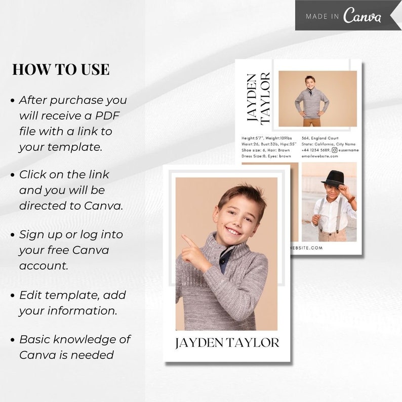 Kids Model Comp Card, Editable Model Portfolio, Fashion Resume Photo ...