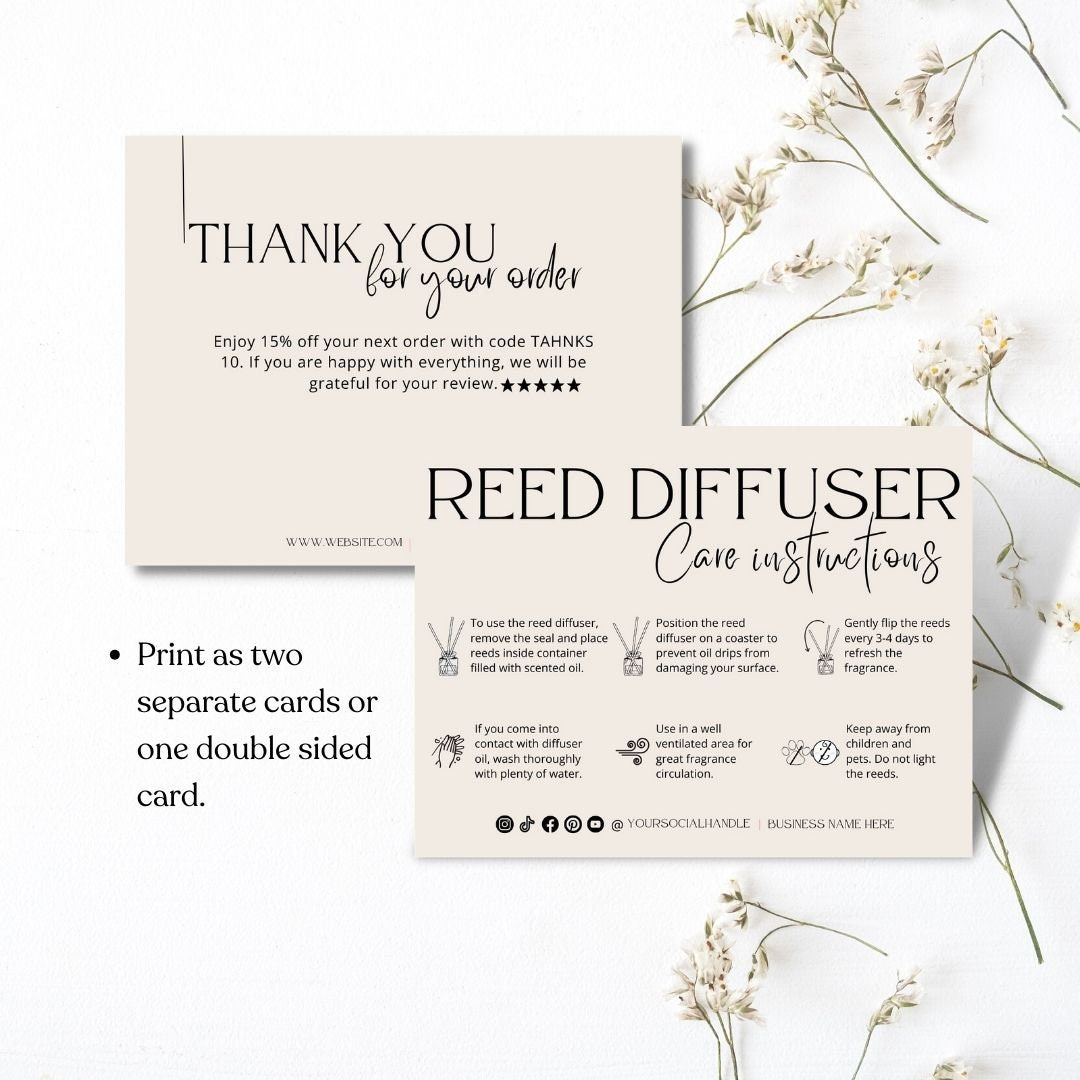 Printable Reed Diffuser Care Card, Diffuser Instructions Label, Oil ...