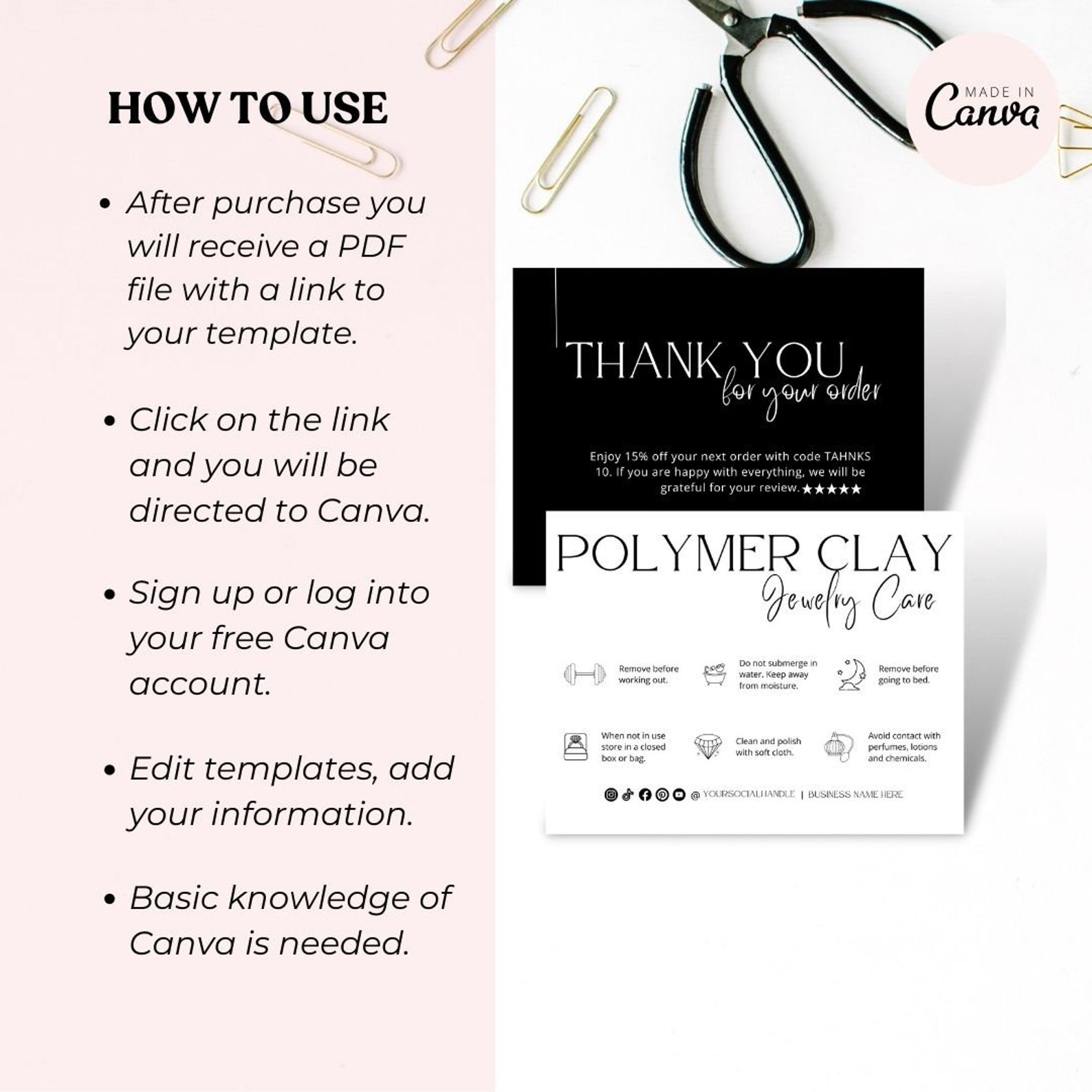 Editable Polymer Clay Jewelry Care Card Template, Jewellery Care ...