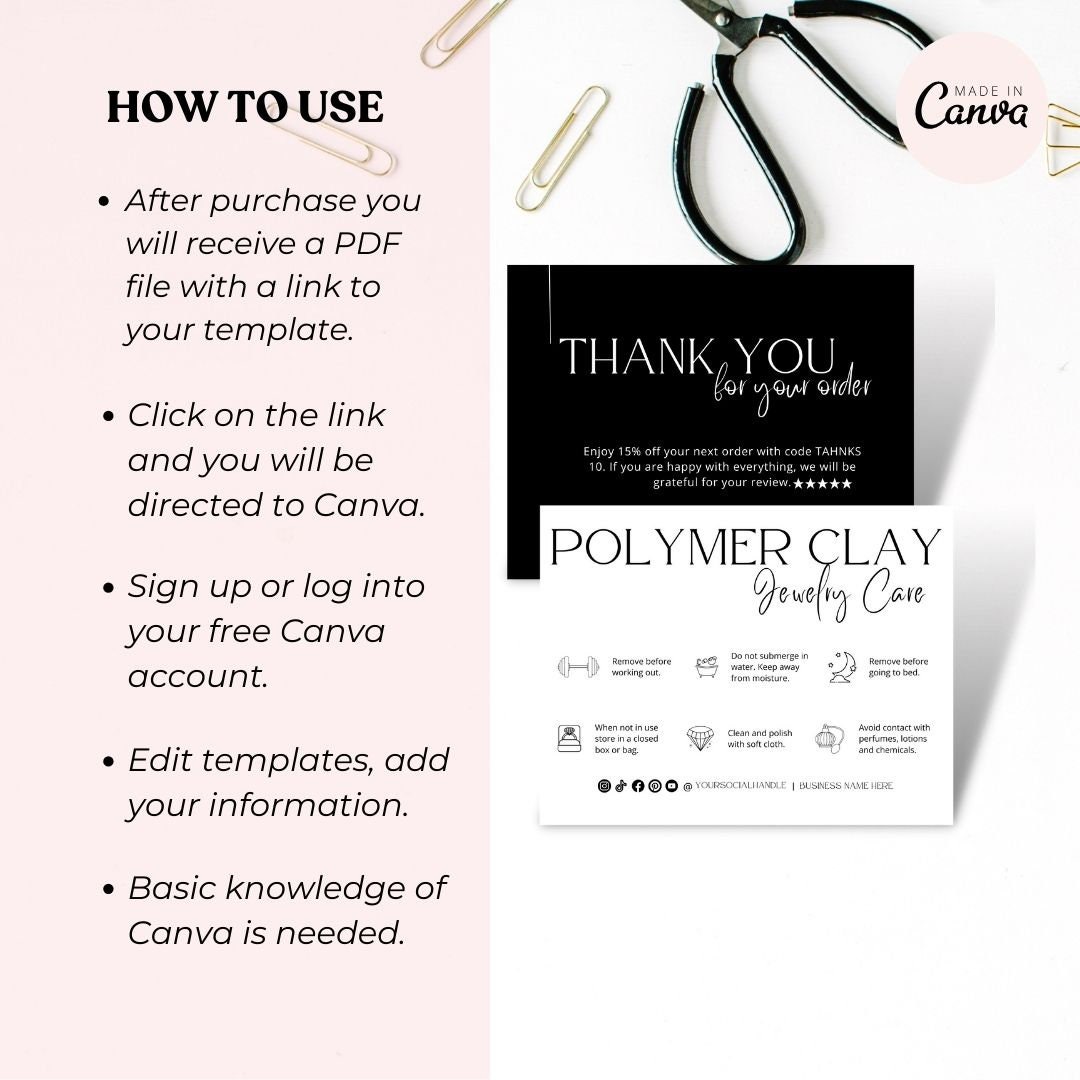 Editable Polymer Clay Jewelry Care Card Template, Jewellery Care ...