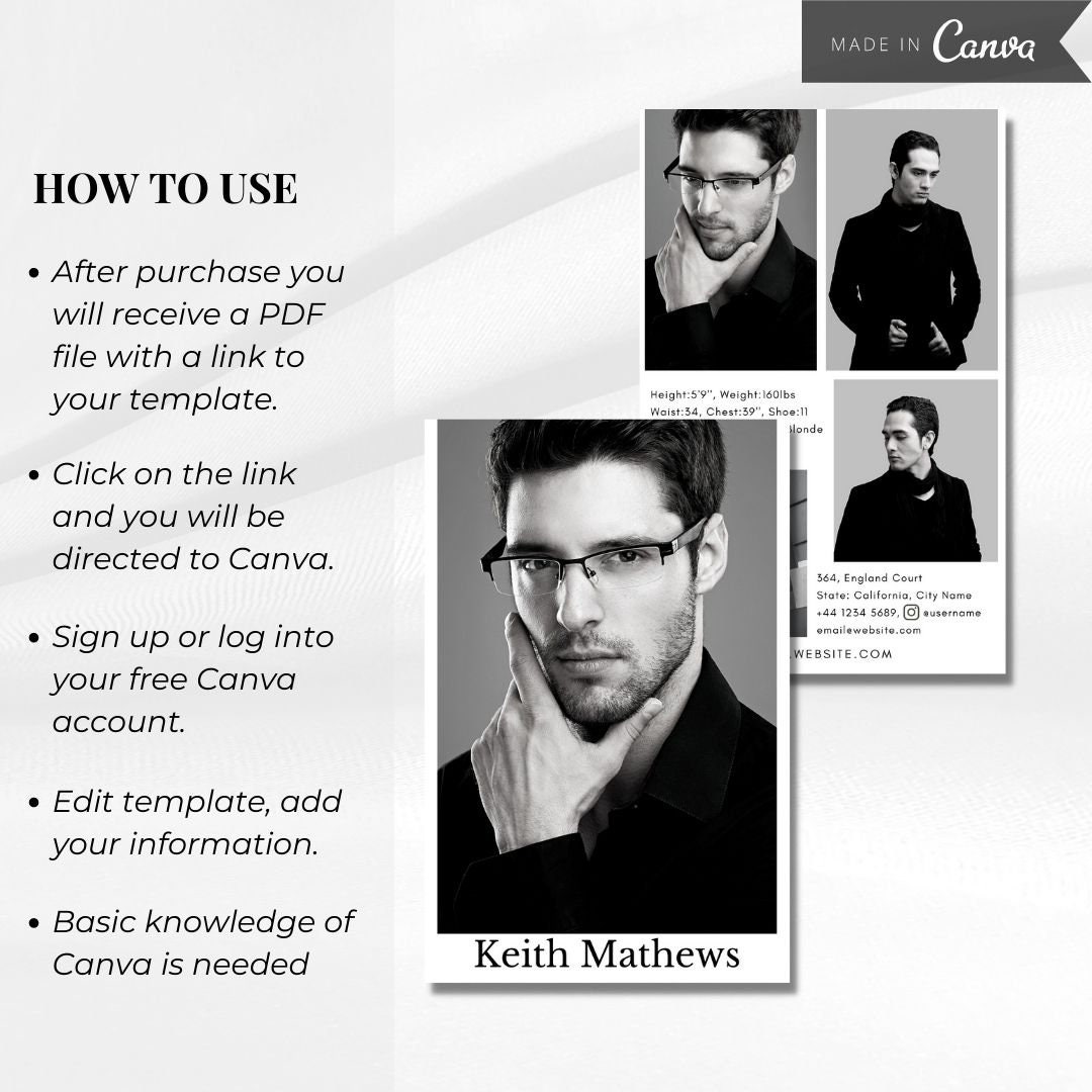 Model Comp Card, Modeling Photo Card Canva Template, Editable Fashion ...