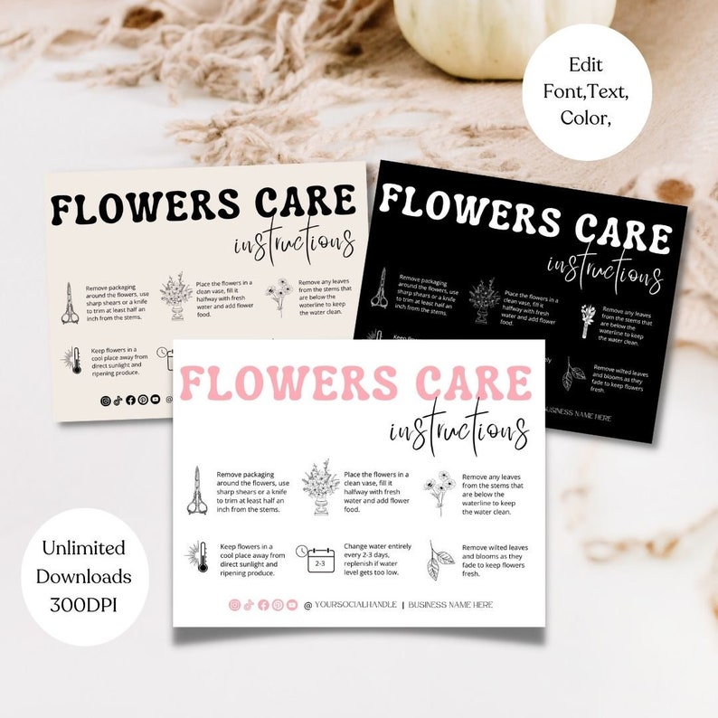 Editable Flower Care Card Instructions, Fresh Cut Flowers Florist Care ...