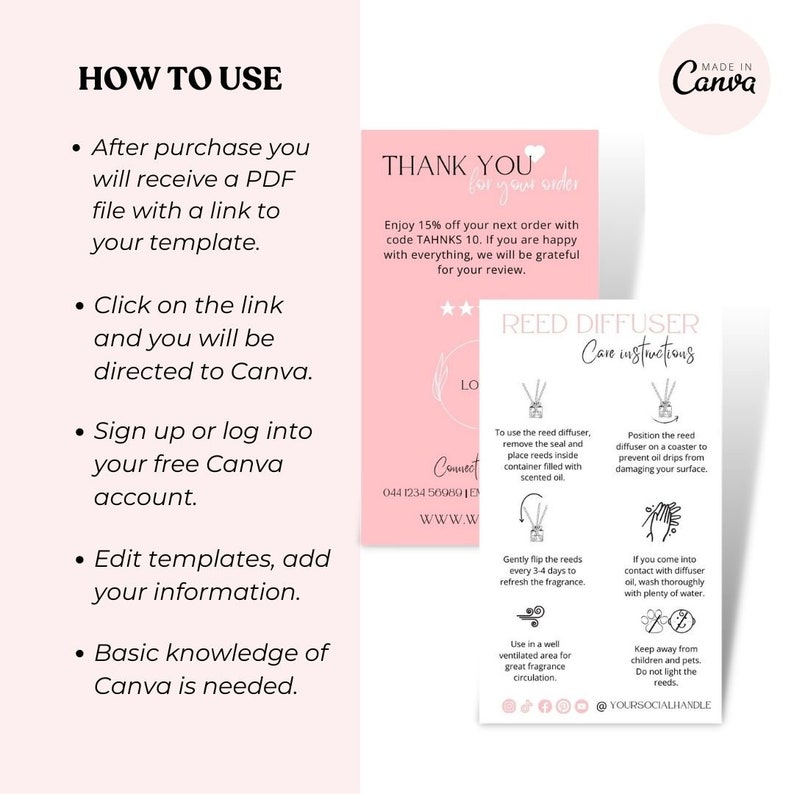 Mini Printable Reed Diffuser Care Card, Diffuser Instructions Label ...