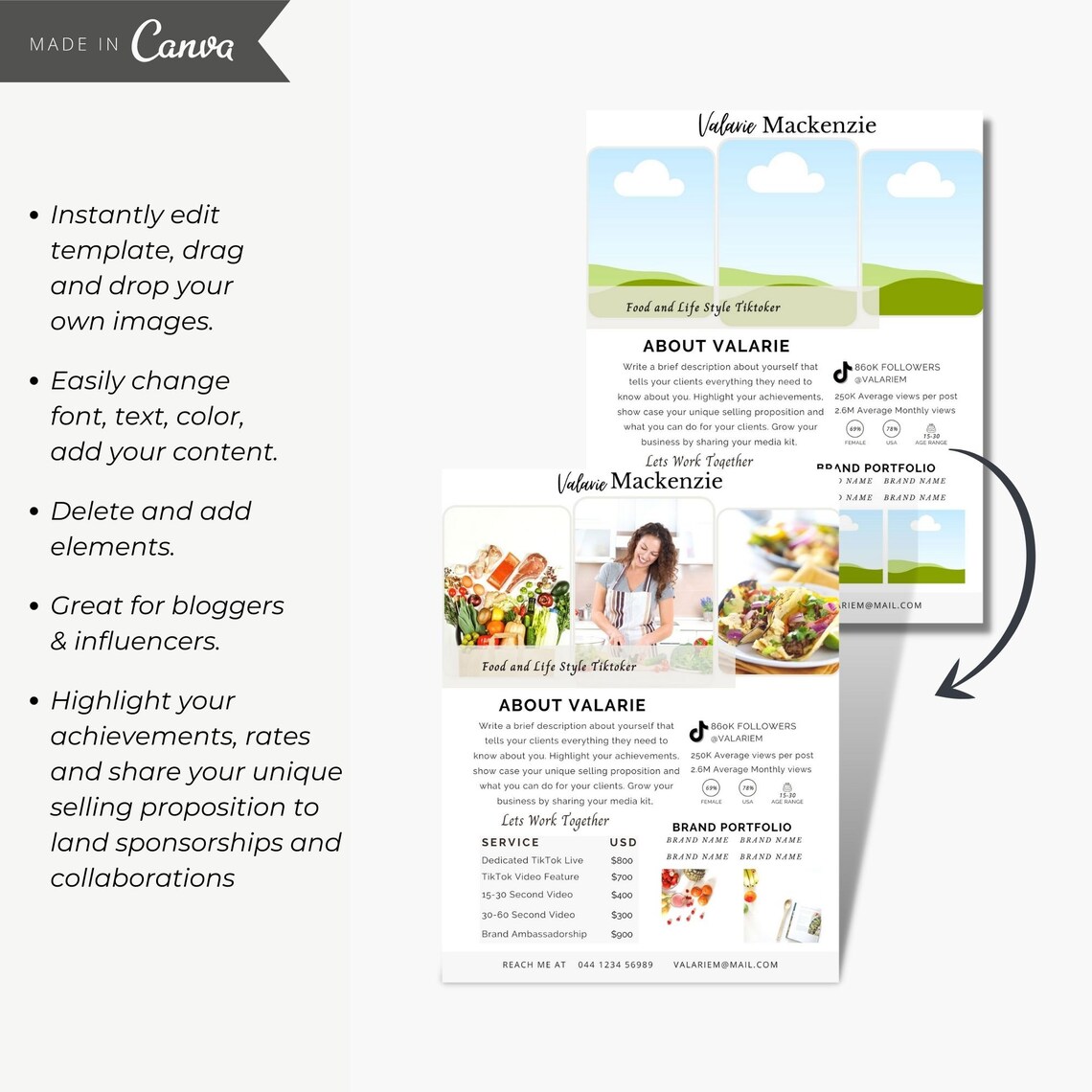 1 Page Food Blogger Media Kit Template, Canva Influencer Media Kit ...