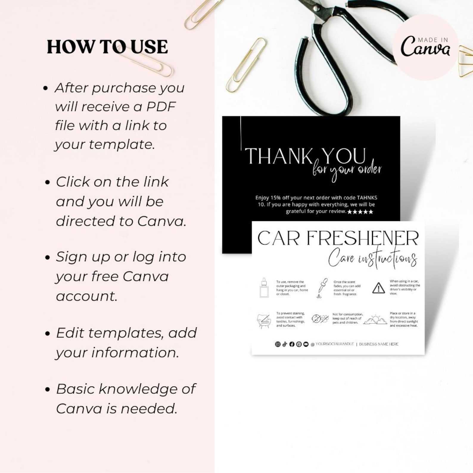 Editable Car Freshener Care Card, Printable Fragrance Safety Hanging ...