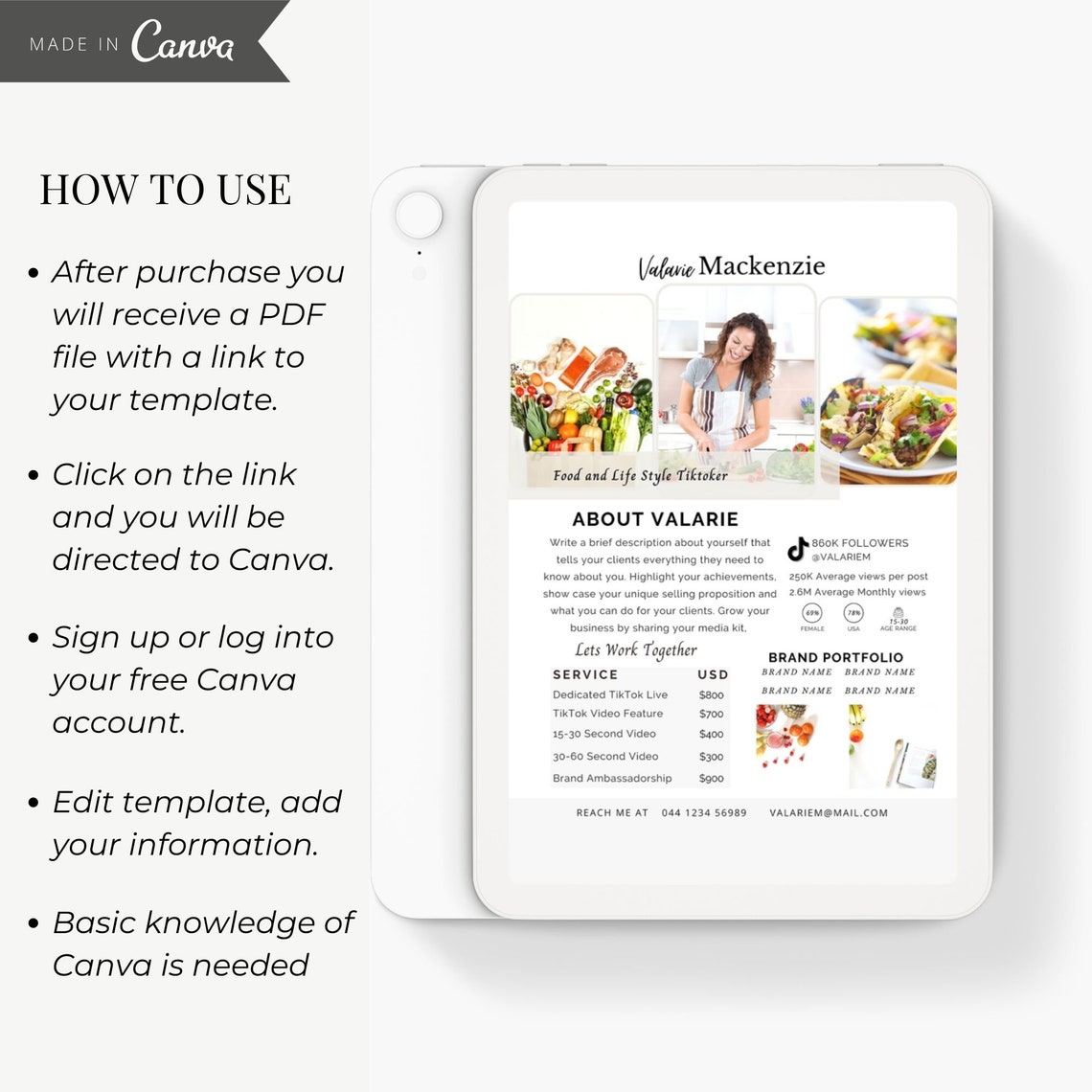 1 Page Food Blogger Media Kit Template, Canva Influencer Media Kit ...